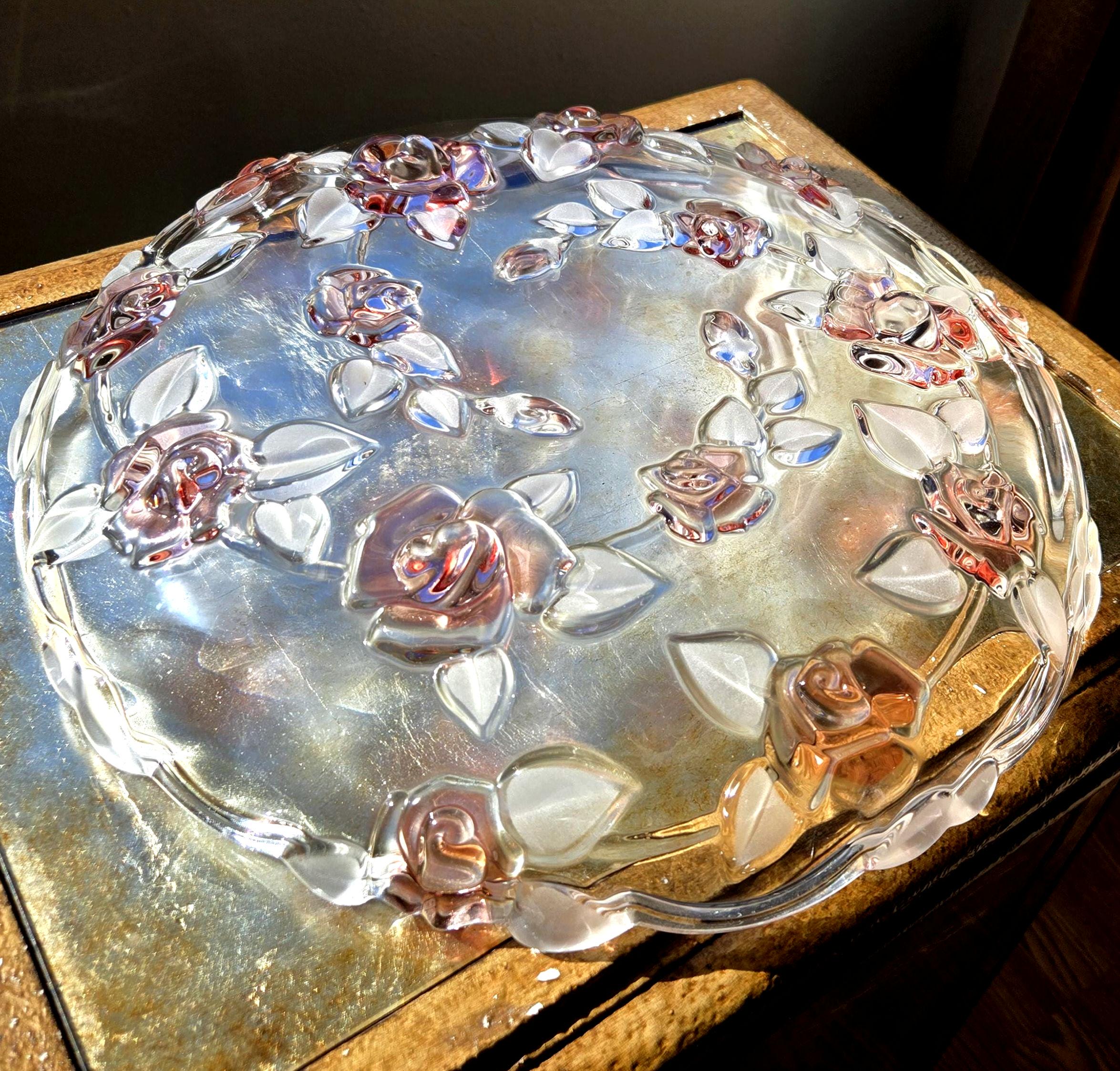 Large Vintage Crystal Plate Frosted Pink Rose Embossed Glass Platter ...