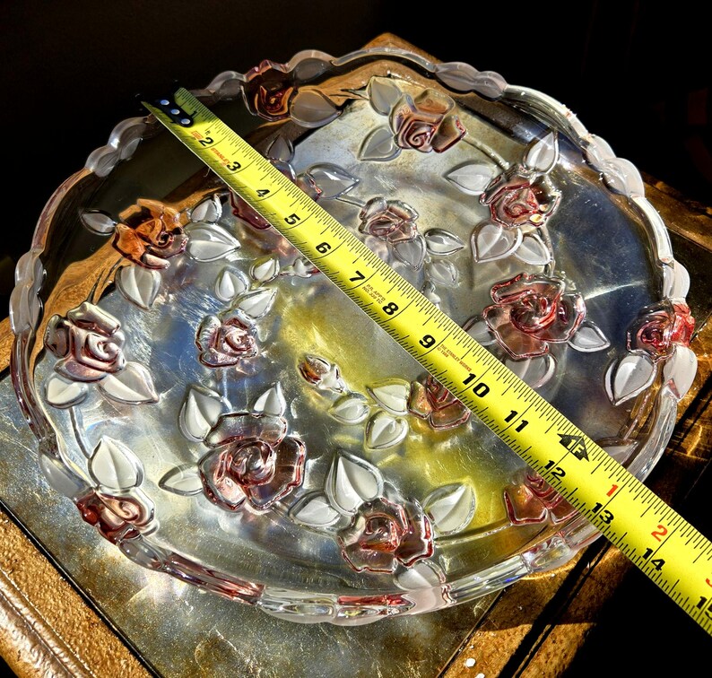 Large Vintage Crystal Plate Frosted Pink Rose Embossed Glass Platter ...