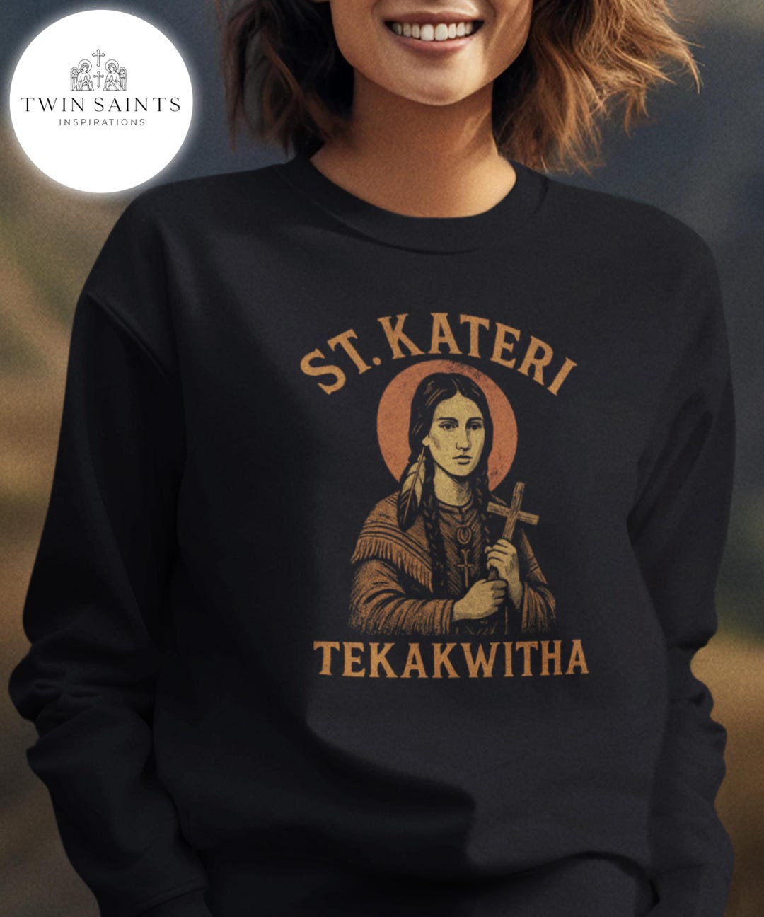 St. Kateri Tekakwitha Western Grunge Crewneck Sweatshirt - Catholic ...
