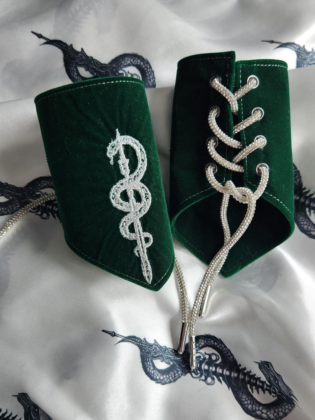 Emerald Velvet Wizard Cuffs – Snake & Wand Embroidered Arm Wraps ...
