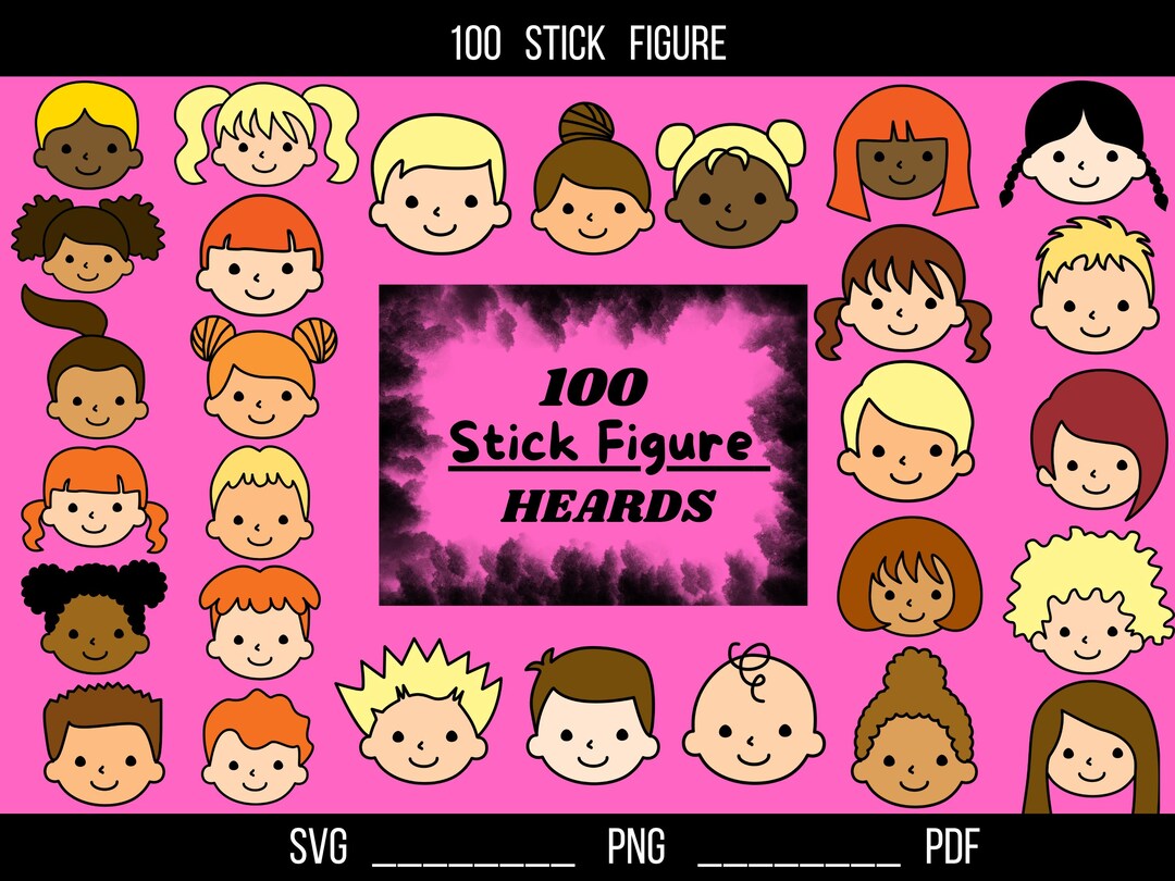 Kids Head Stick Figures - 100 Unique Designs SVG, PNG, PDF Files ...