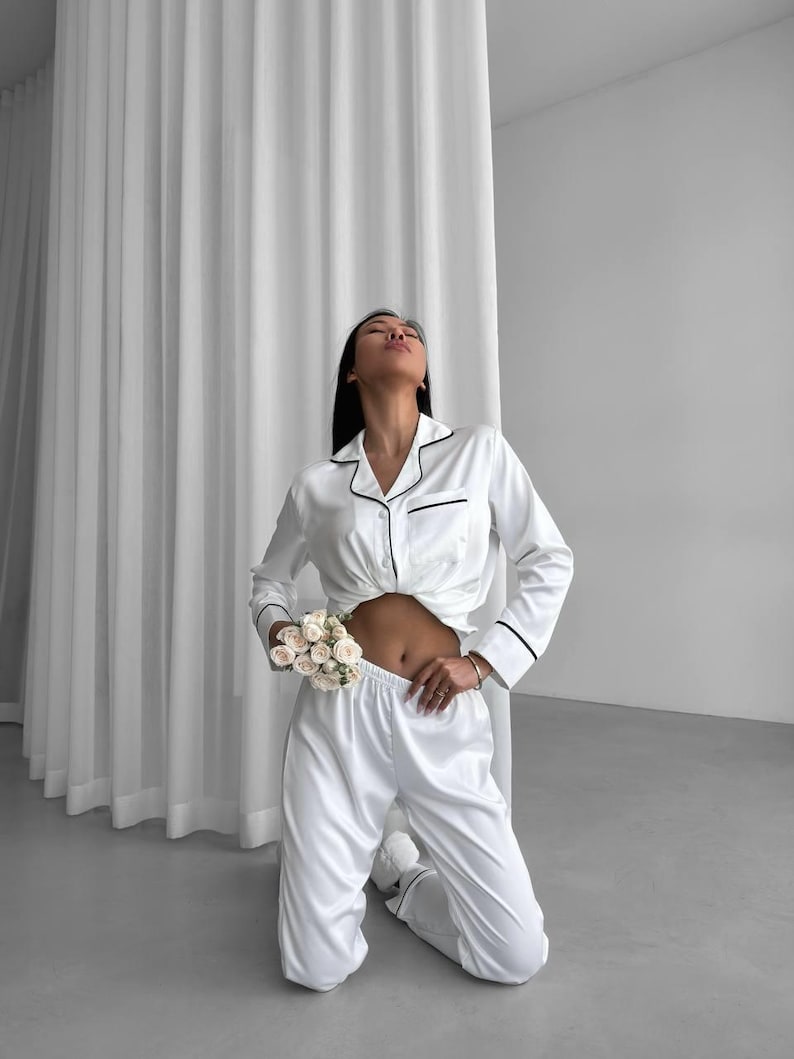White Luxury Soft Satin Silk Pajama Loungewear for Women - Etsy