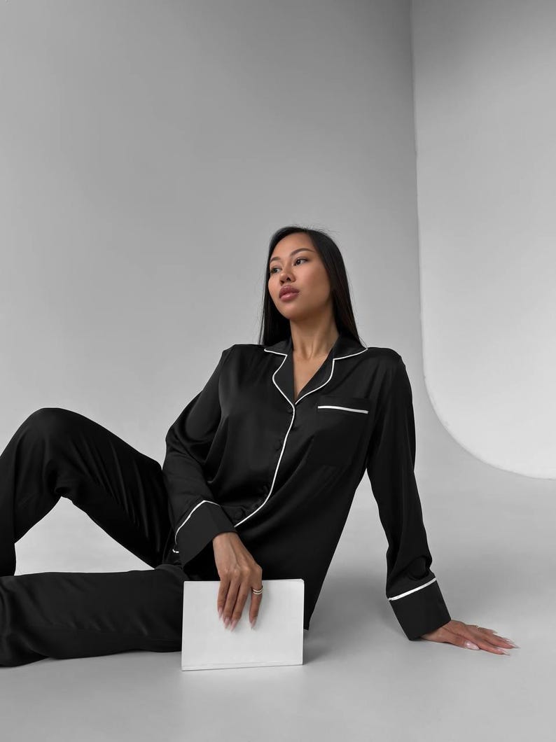 Black Luxury Soft Satin Silk Pajama Loungewear for Women - Etsy