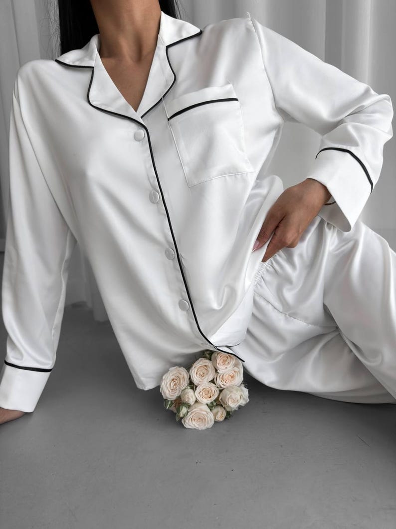 White Luxury Soft Satin Silk Pajama Loungewear for Women - Etsy