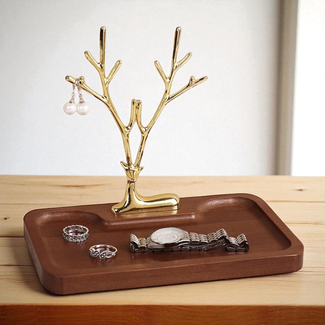 Large Gold Necklace Stand and Jewelry Organizer With Walnut Wood Tray ...