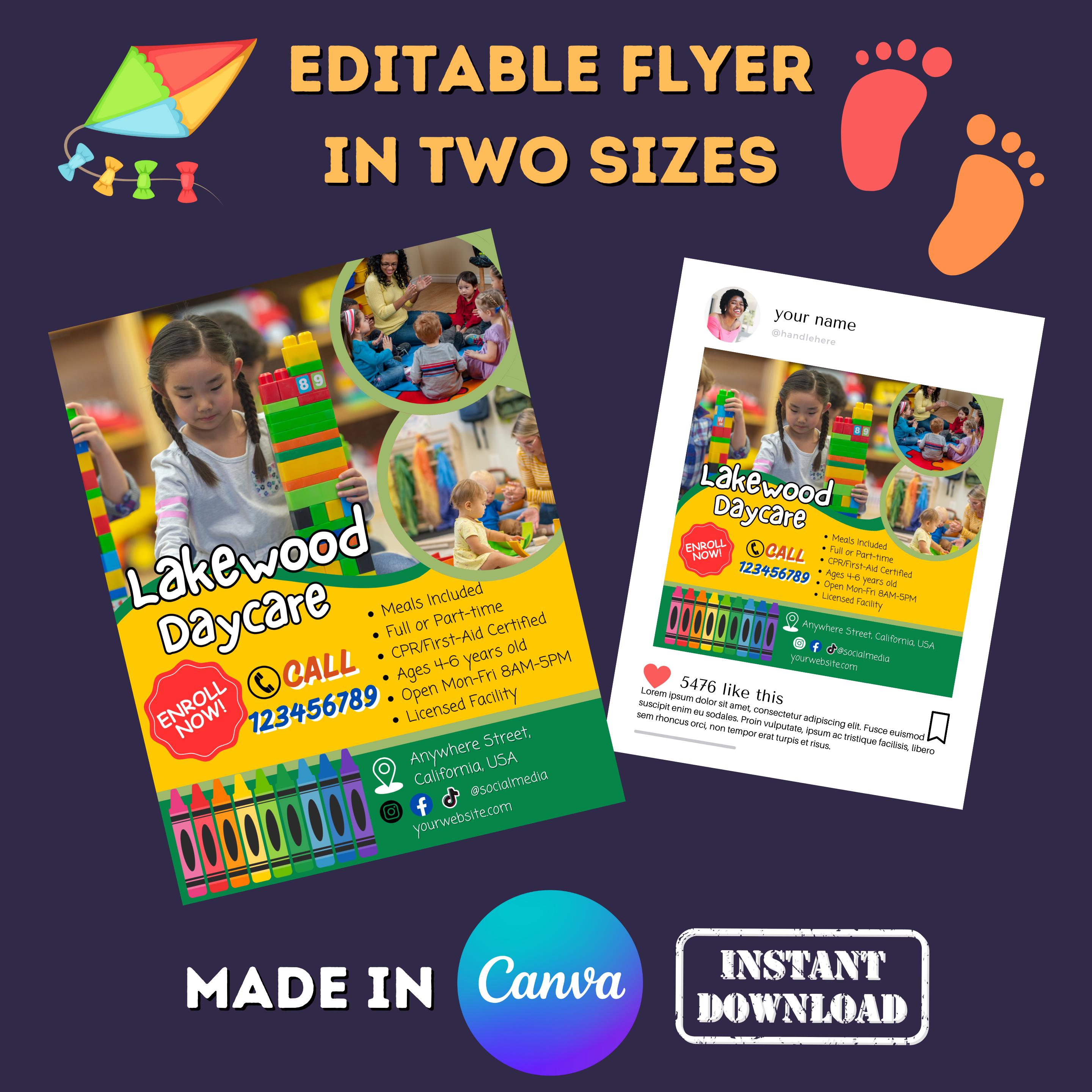 Editable Daycare Flyer Template: Canva Social Media Post (digital ...