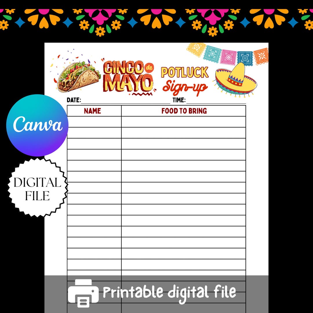 Cinco De Mayo Potluck Signup Sheet Editable Template Free Canva Fiesta ...