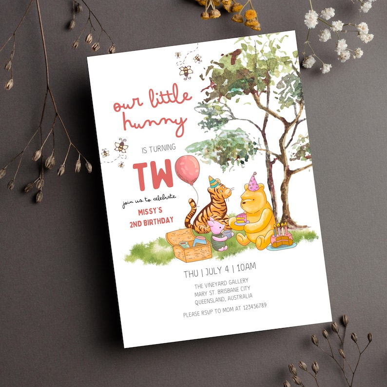 Winnie the Pooh 2nd Birthday Invitation: Vintage Pink Canva Template ...