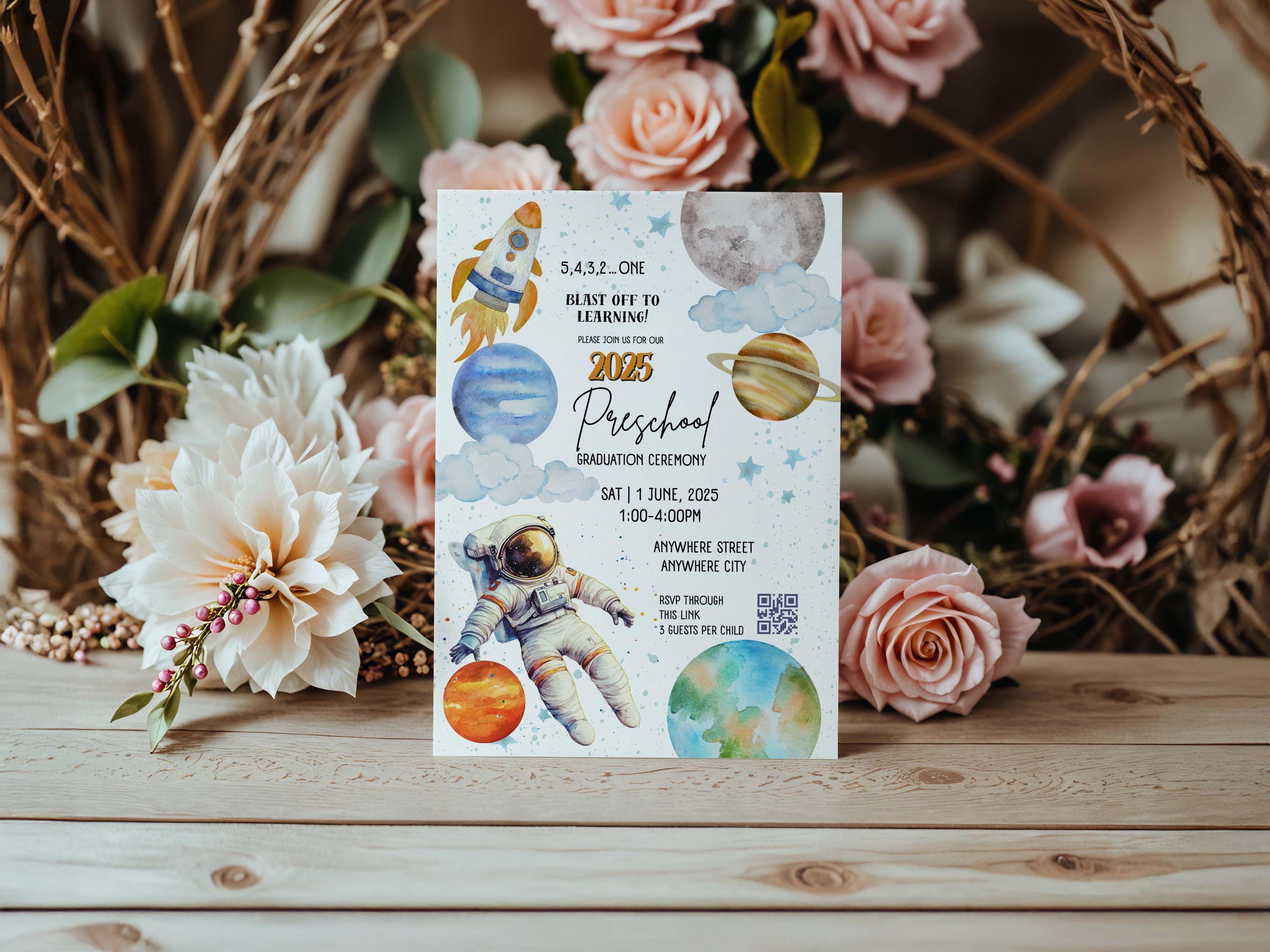 Preschool Graduation Space Theme Invitation Template Blast off Editable ...