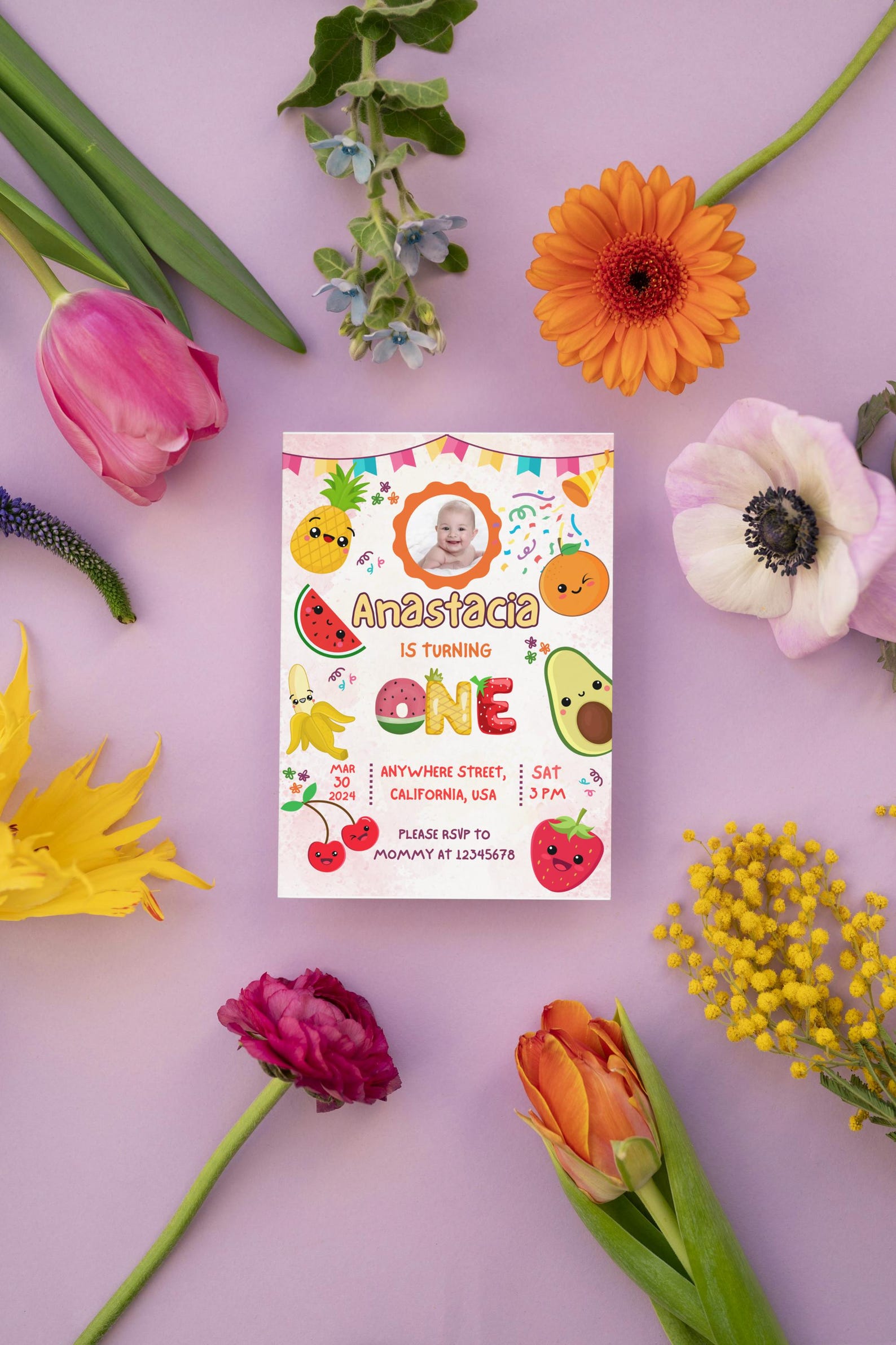 Hey Bear Twotti Fruity Invitation: Pink Dancing Fruits, First Birthday ...
