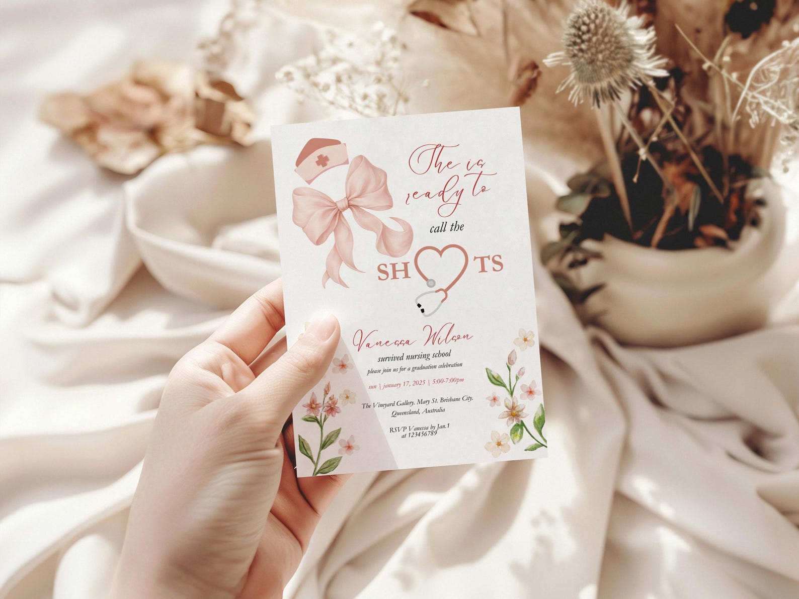 Nurse Graduation Invitation: Pink Bow Coquette Design (canva Editable ...