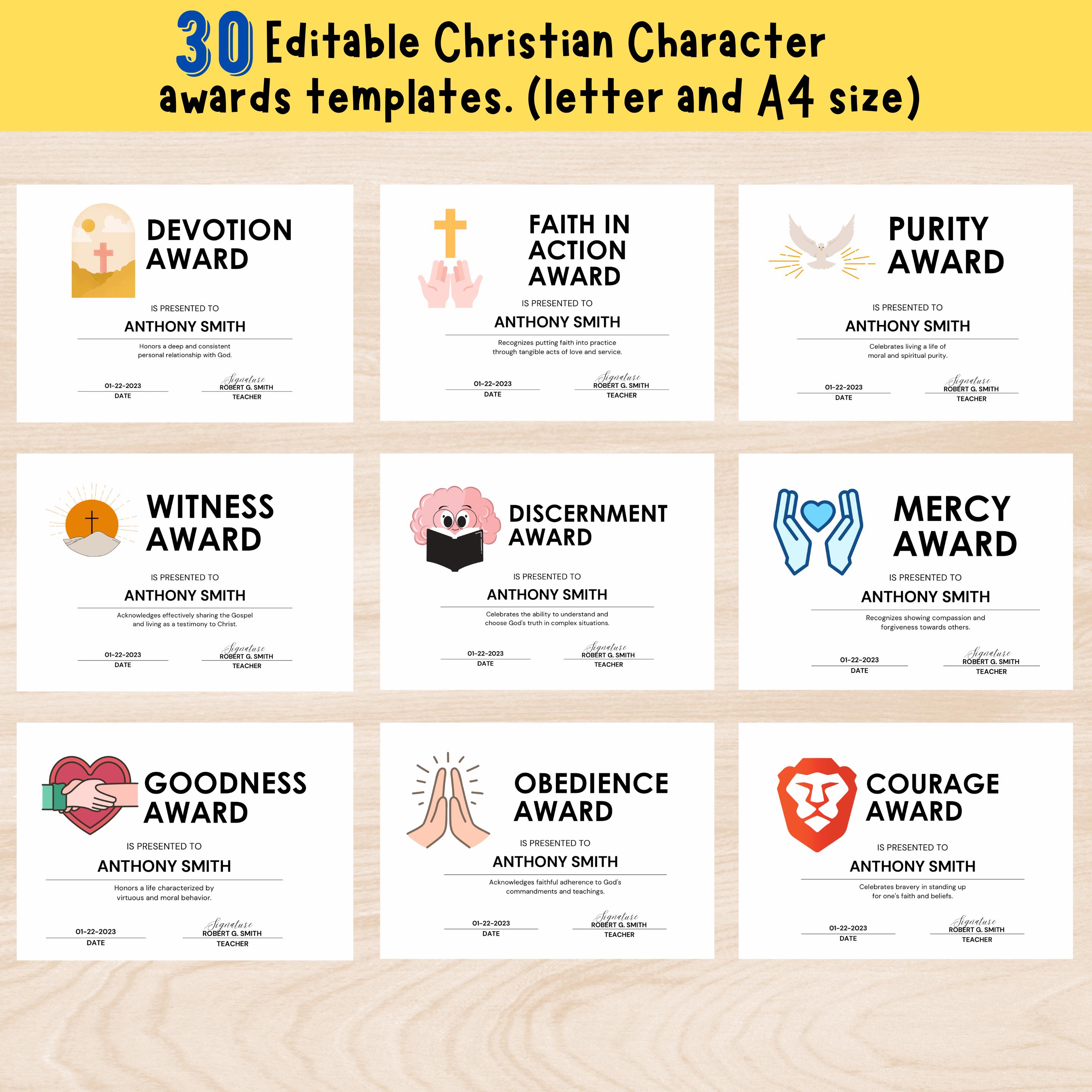 Christian Character Awards Certificate Templates Editable Canva Awards ...