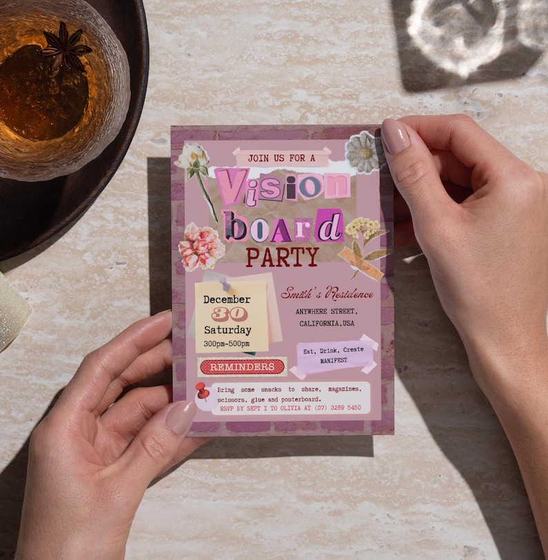 Vision Board Party Invitation Template Pink Theme Girls Night Canva ...