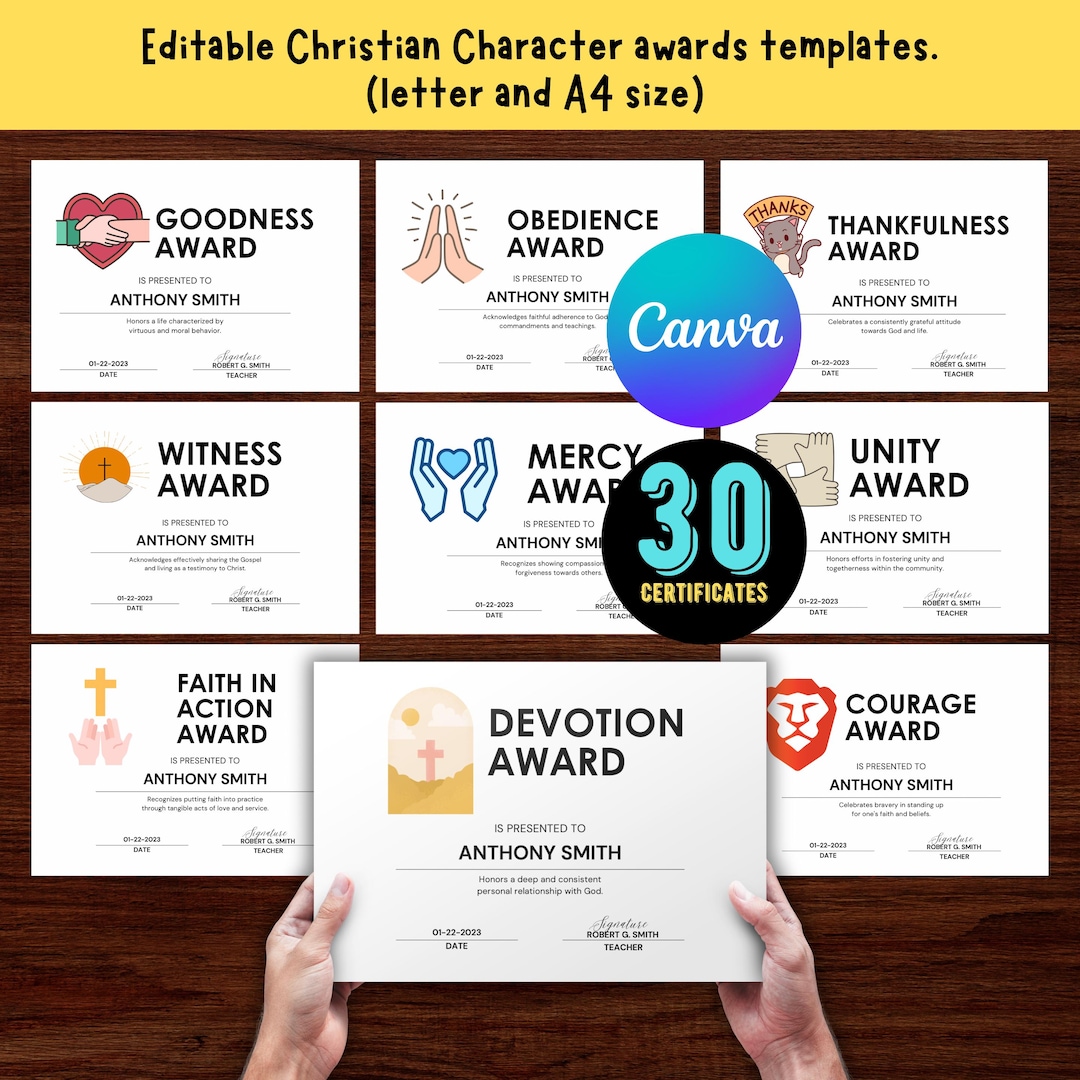 Christian Character Awards Certificate Templates Editable Canva Awards ...