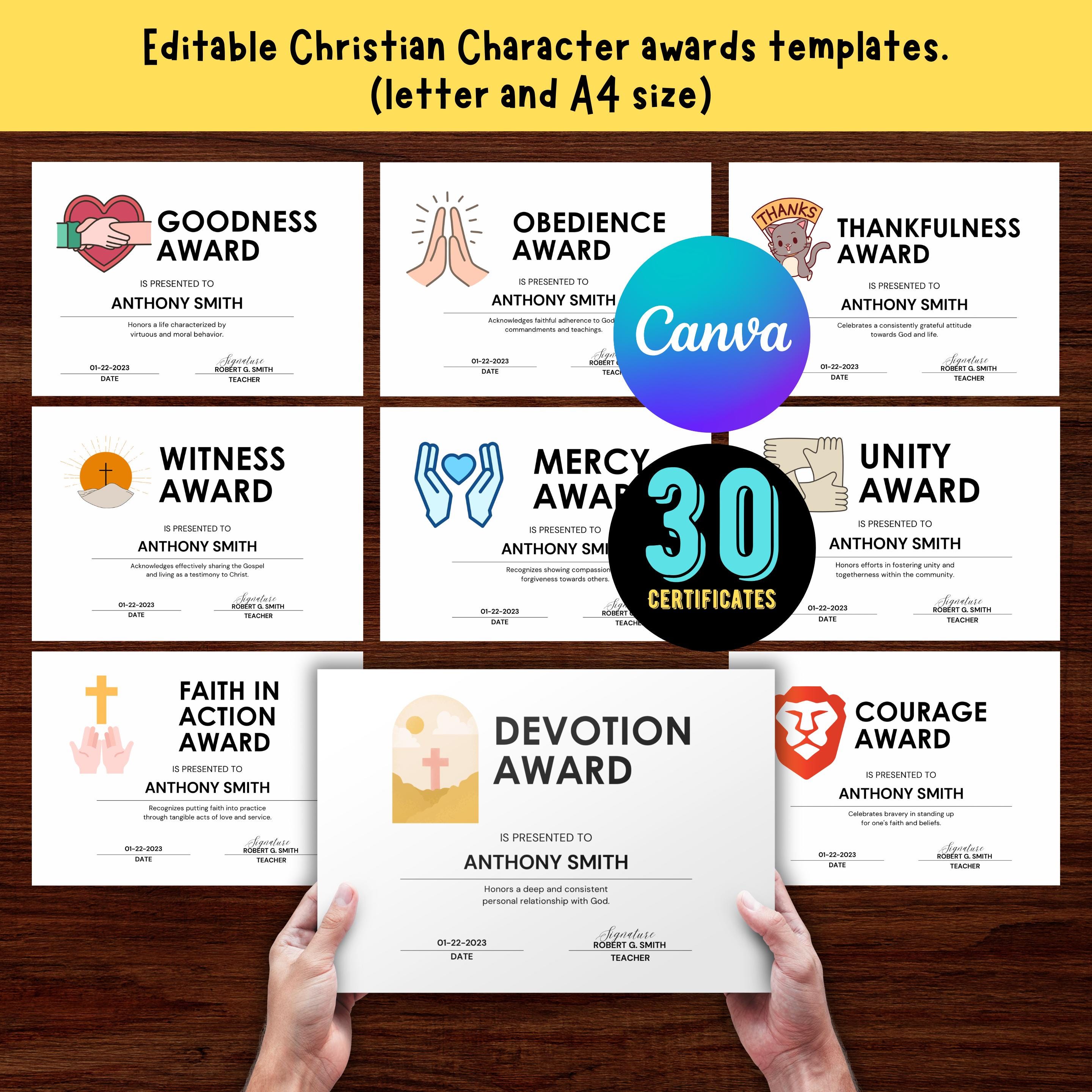 Christian Character Awards Certificate Templates Editable Canva Awards ...