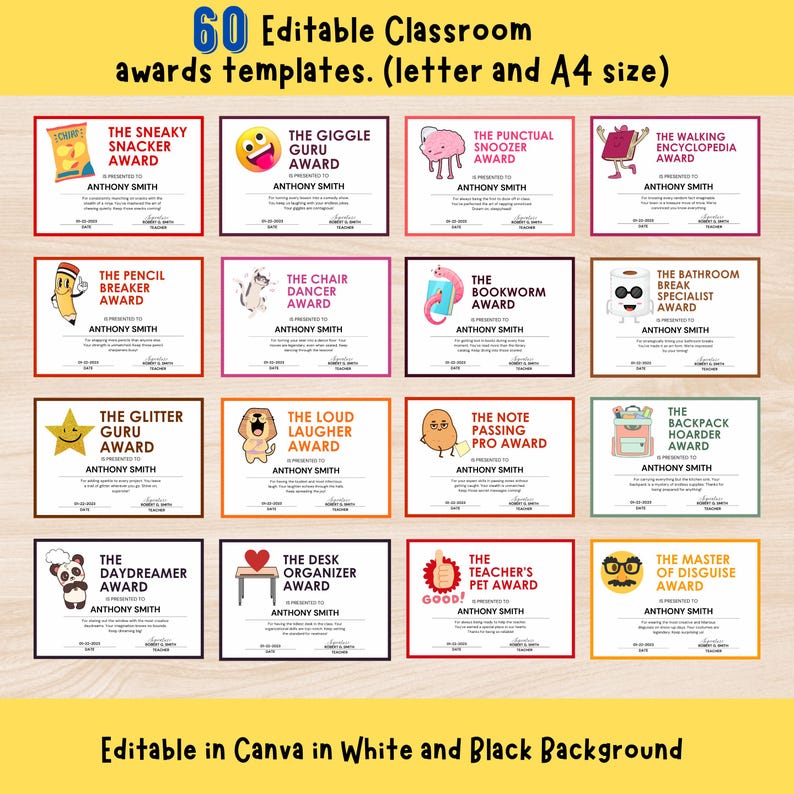Funny Student Award Certificates: 60 Editable Classroom Superlatives ...