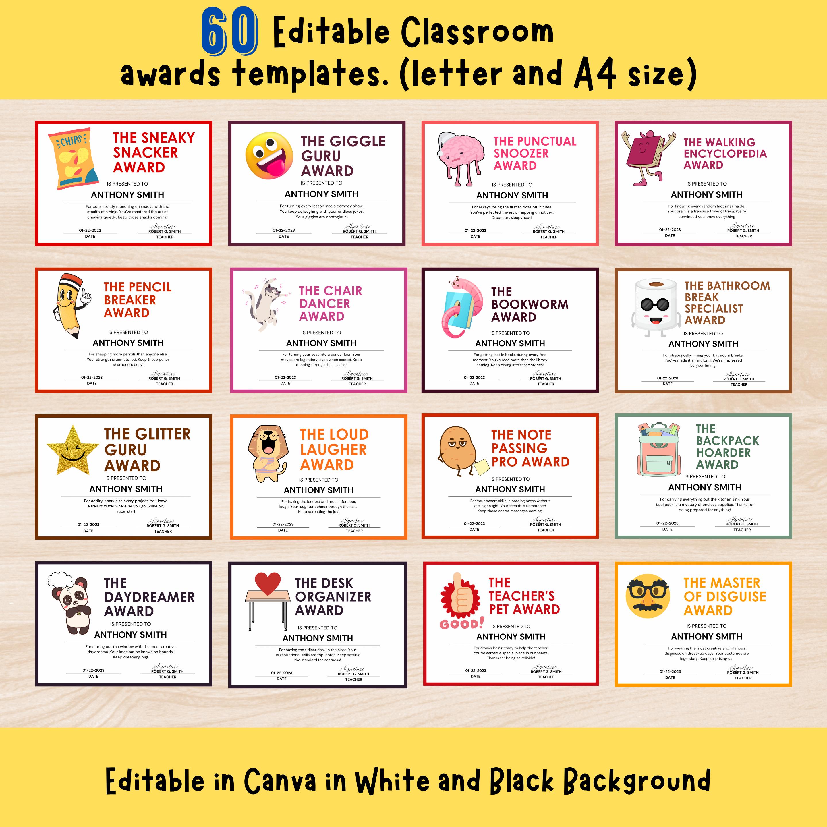 Funny Student Award Certificates: 60 Editable Classroom Superlatives ...