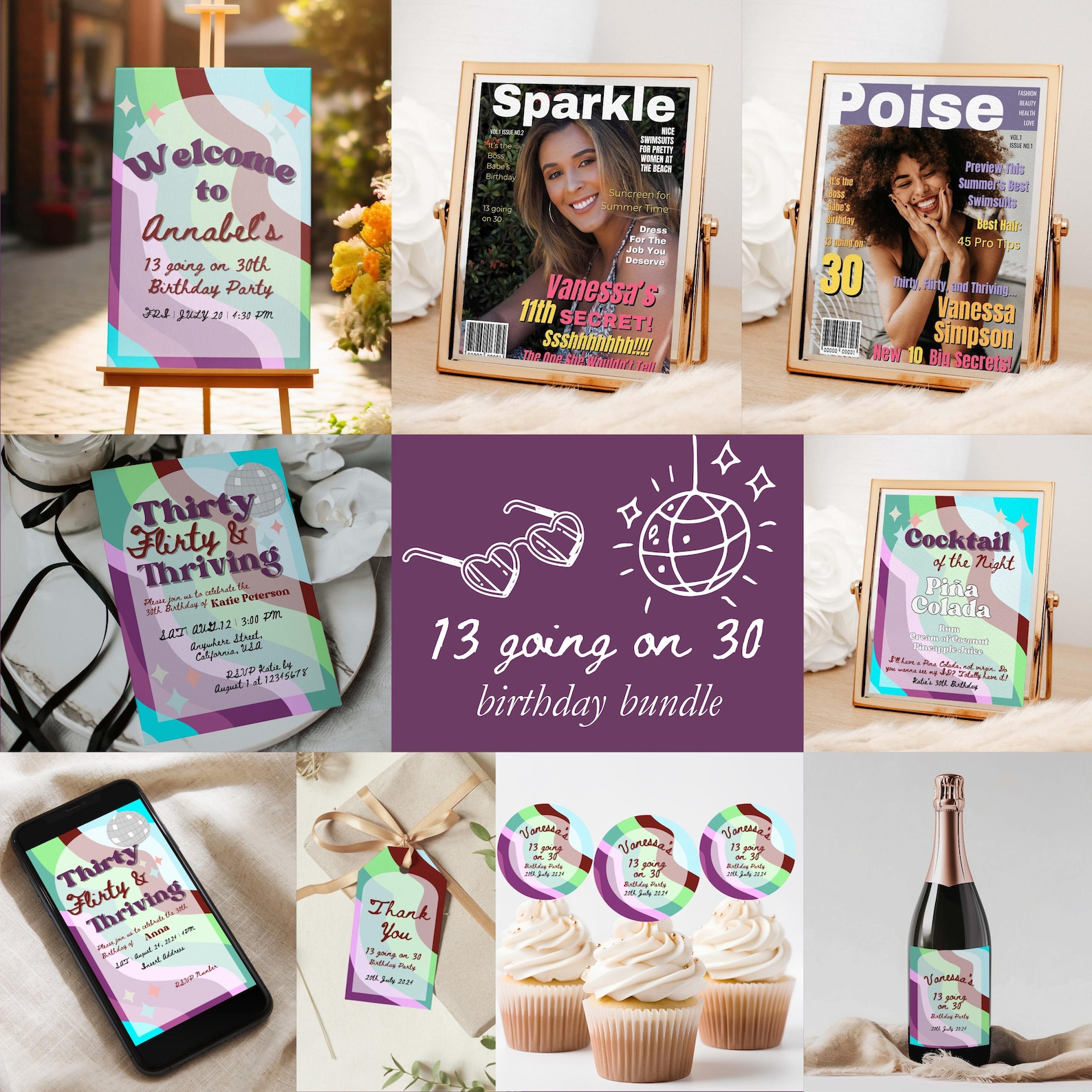 13 Going on 30 Birthday Party Bundle: Editable Canva Template (digital ...