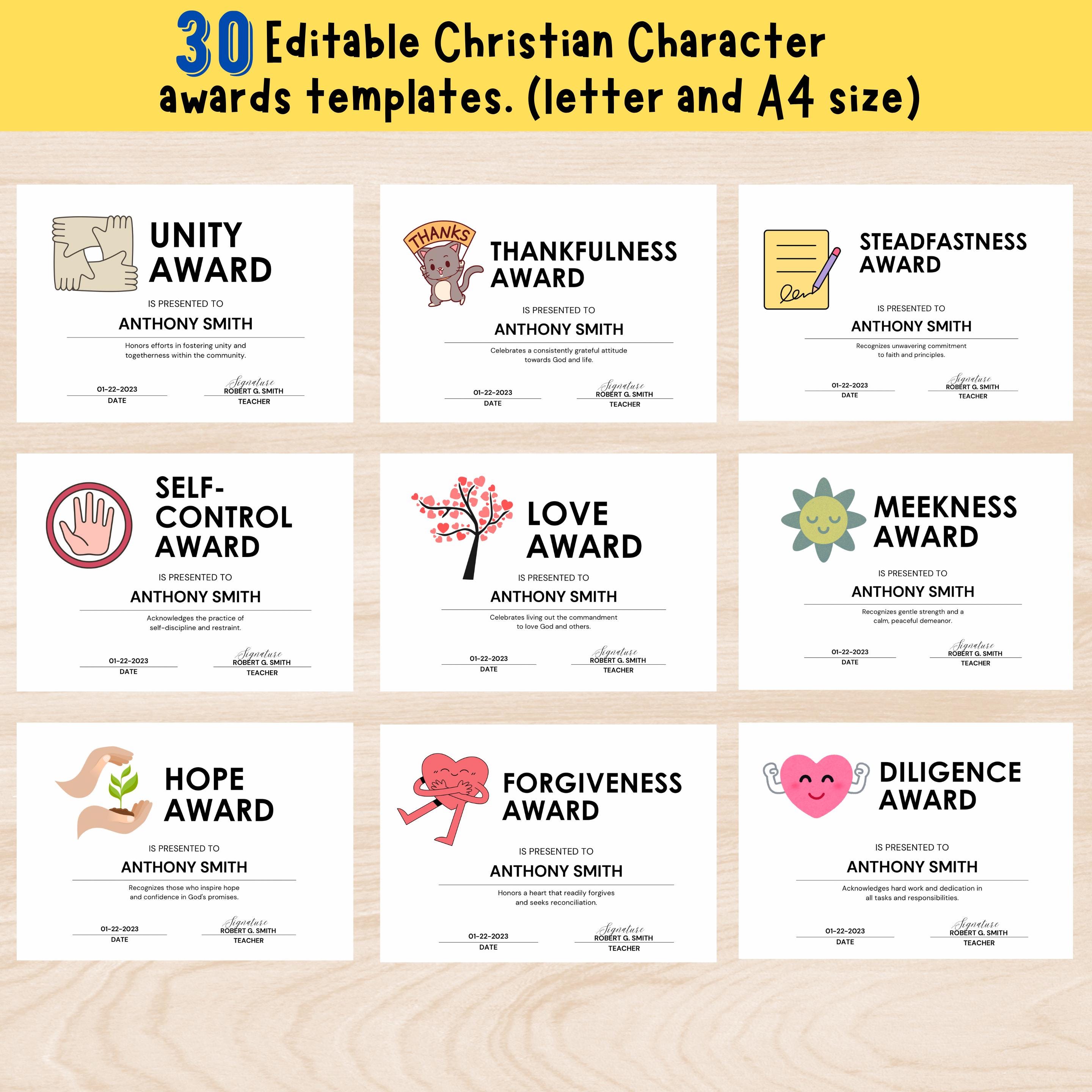 Christian Character Awards Certificate Templates Editable Canva Awards ...