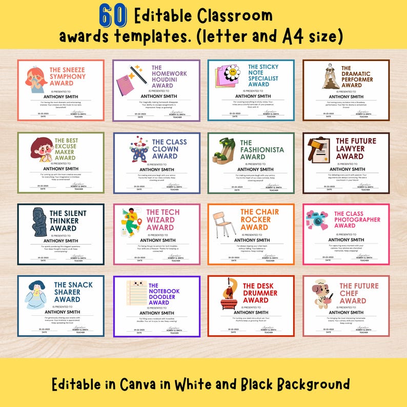 Funny Student Award Certificates: 60 Editable Classroom Superlatives ...