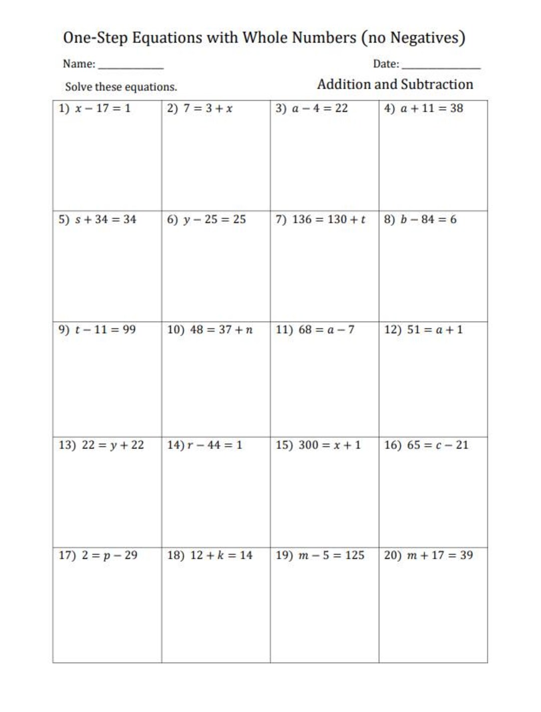 Worksheets of One-step Equations With Whole Numbers (no Negatives)-all ...
