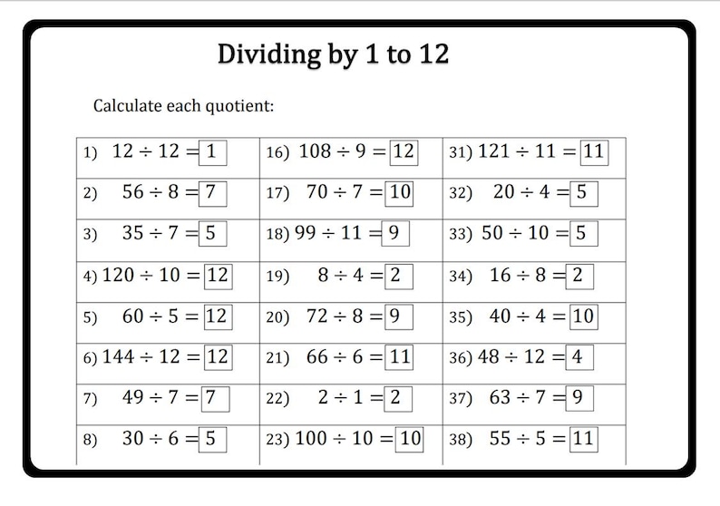 Dividing Numbers by 1-12 Worksheets - Etsy
