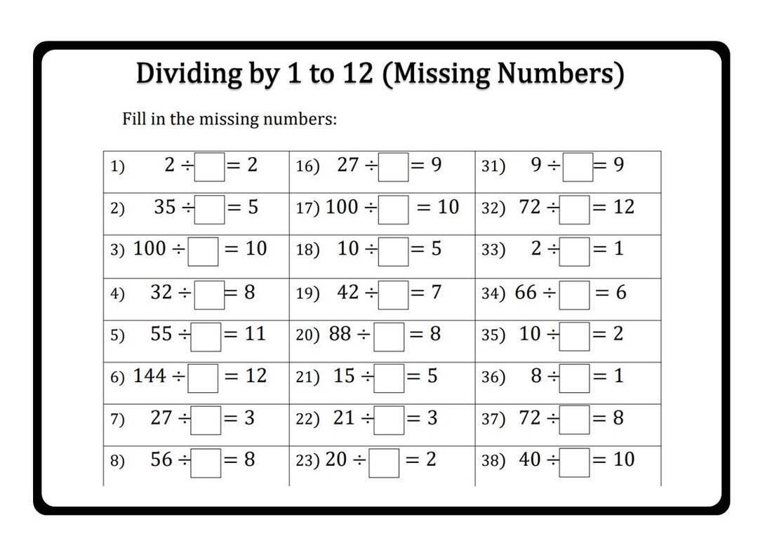 Dividing Numbers (missing Numbers). Worksheets for Primary School - 12 ...