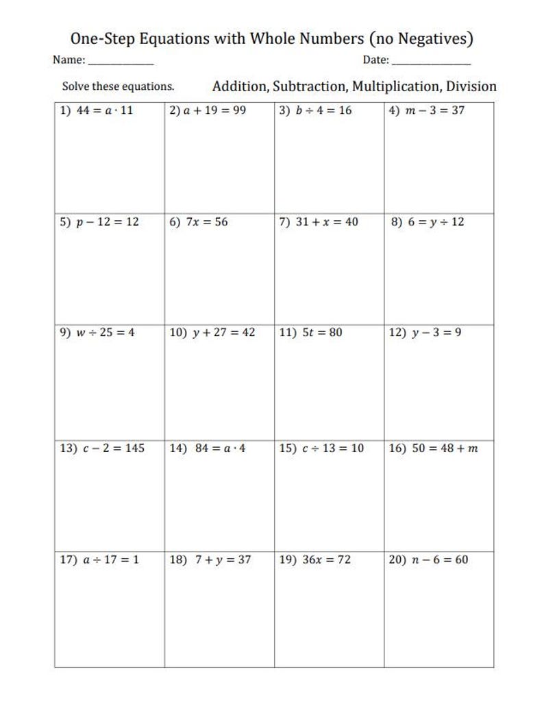 One-step Equations Worksheets: Algebra Basics, All Operations (PDF) - Etsy