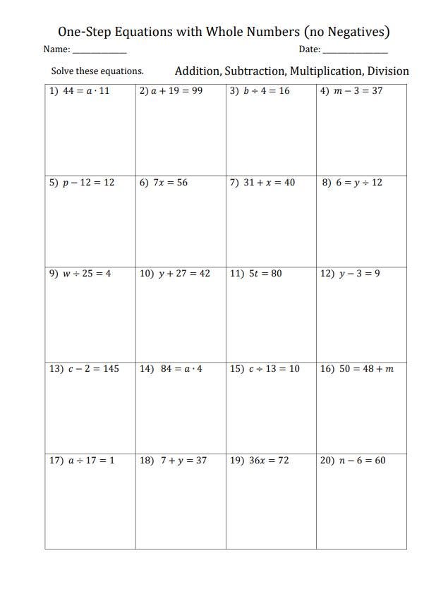One-step Equations Worksheets: Algebra Basics, All Operations (PDF) - Etsy