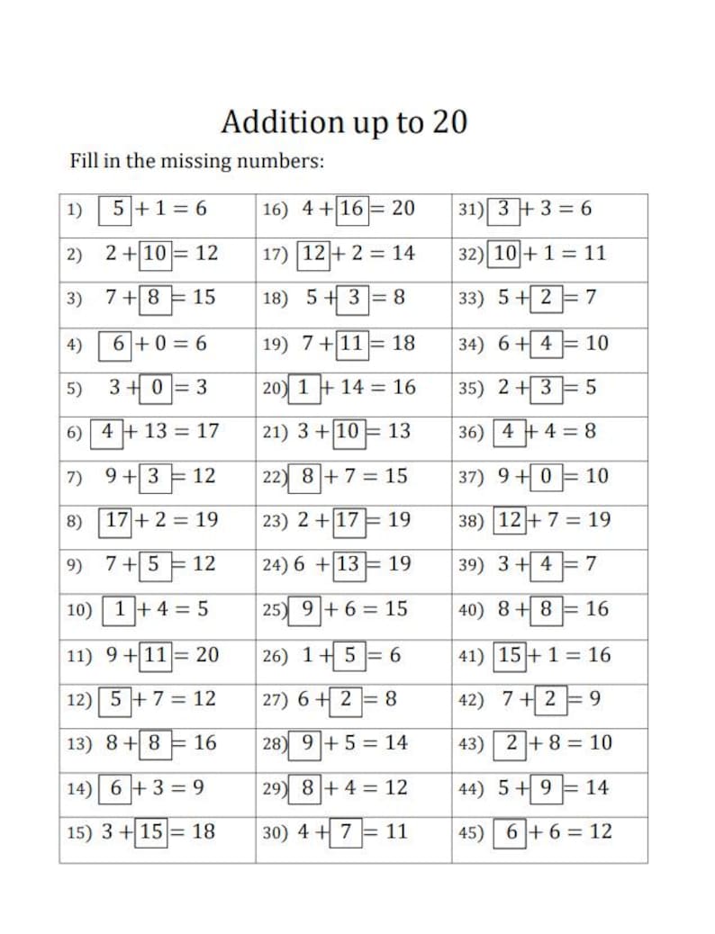 Adding Numbers Within 20 –fill in the Missing Numbers- 12 Worksheets ...