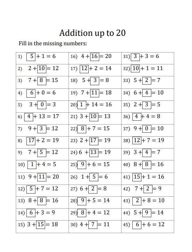 Adding Numbers Within 20 –fill in the Missing Numbers- 12 Worksheets ...