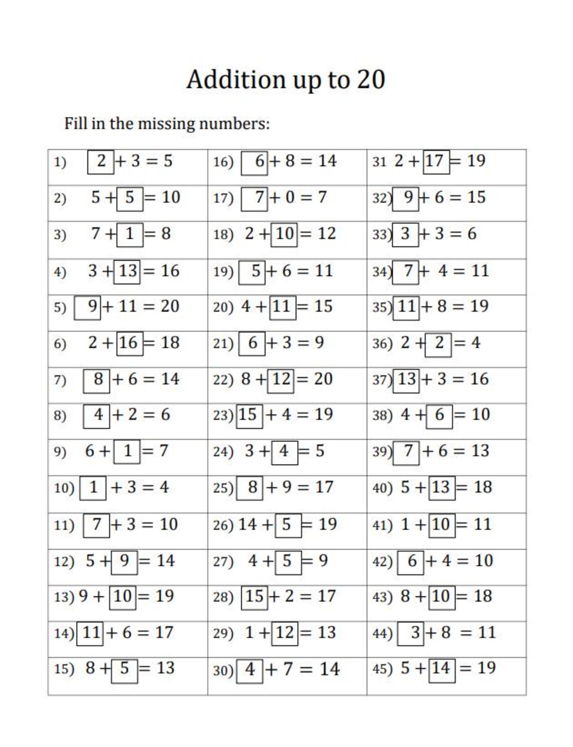 Adding Numbers Within 20 –fill in the Missing Numbers- 12 Worksheets ...