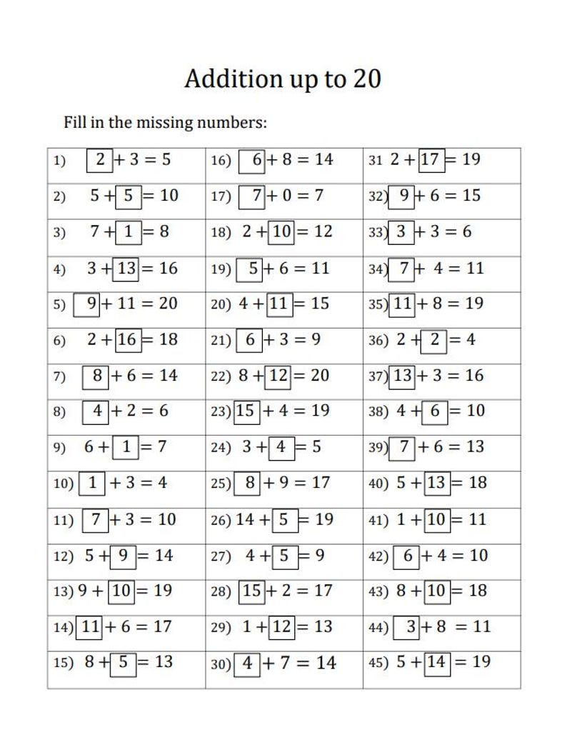 Adding Numbers Within 20 –fill in the Missing Numbers- 12 Worksheets ...