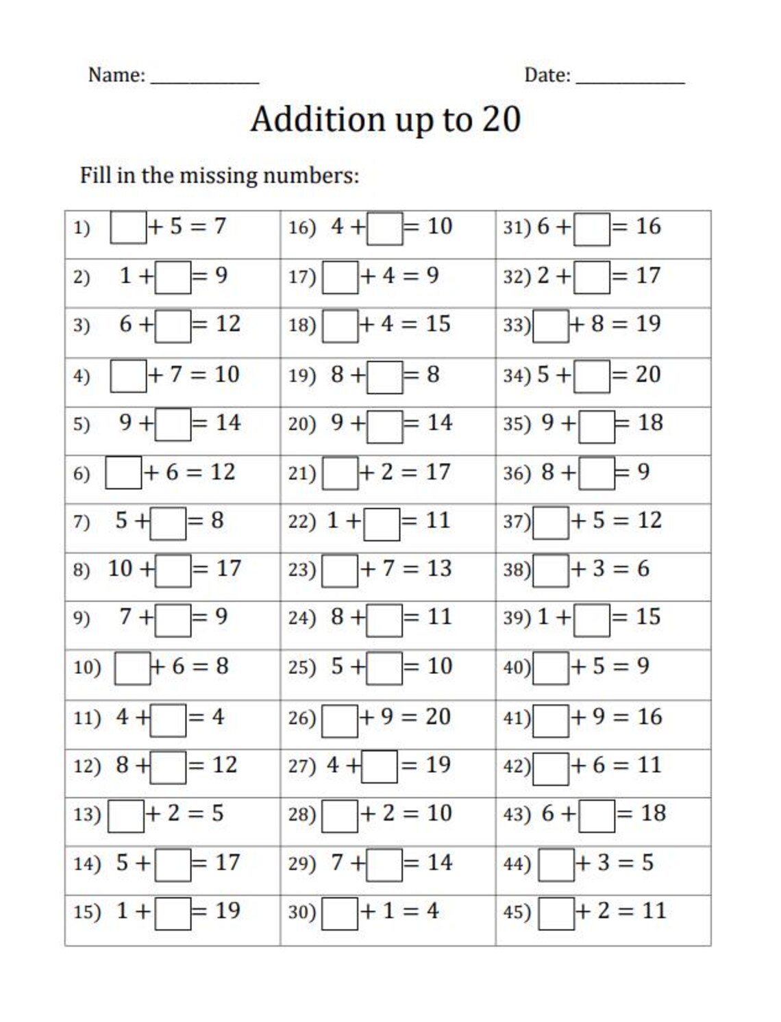 Adding Numbers Within 20 –fill in the Missing Numbers- 12 Worksheets ...