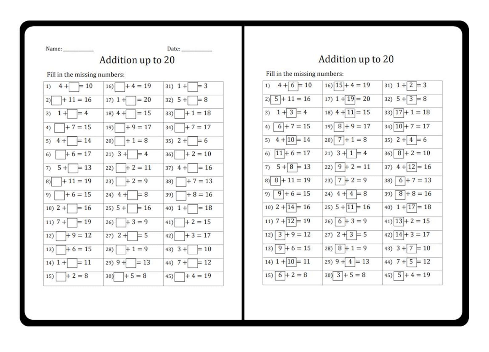 Adding Numbers Within 20 –fill in the Missing Numbers- 12 Worksheets ...