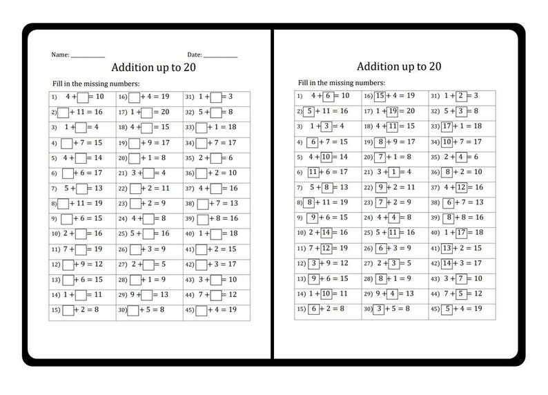 Adding Numbers Within 20 –fill in the Missing Numbers- 12 Worksheets ...