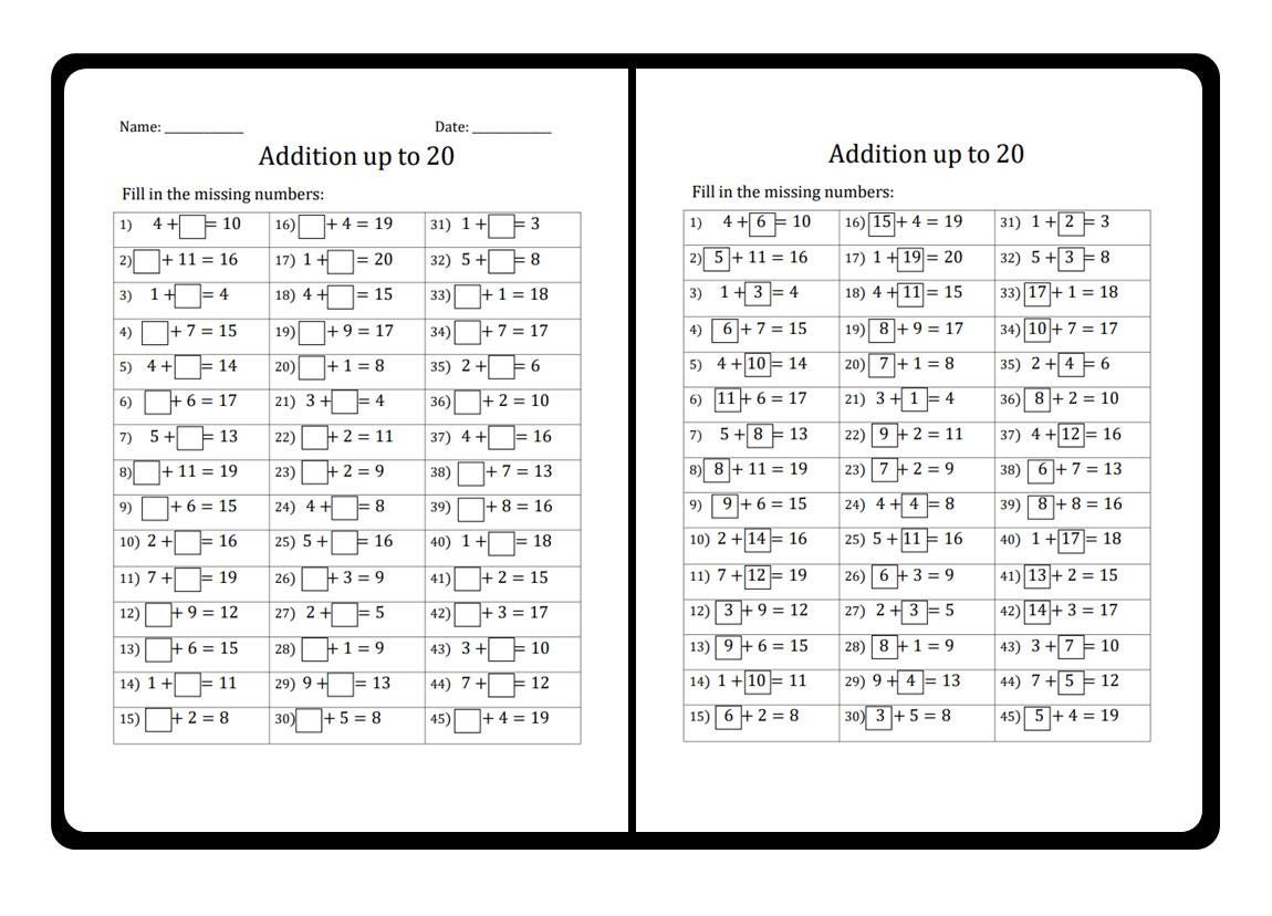 Adding Numbers Within 20 –fill in the Missing Numbers- 12 Worksheets ...