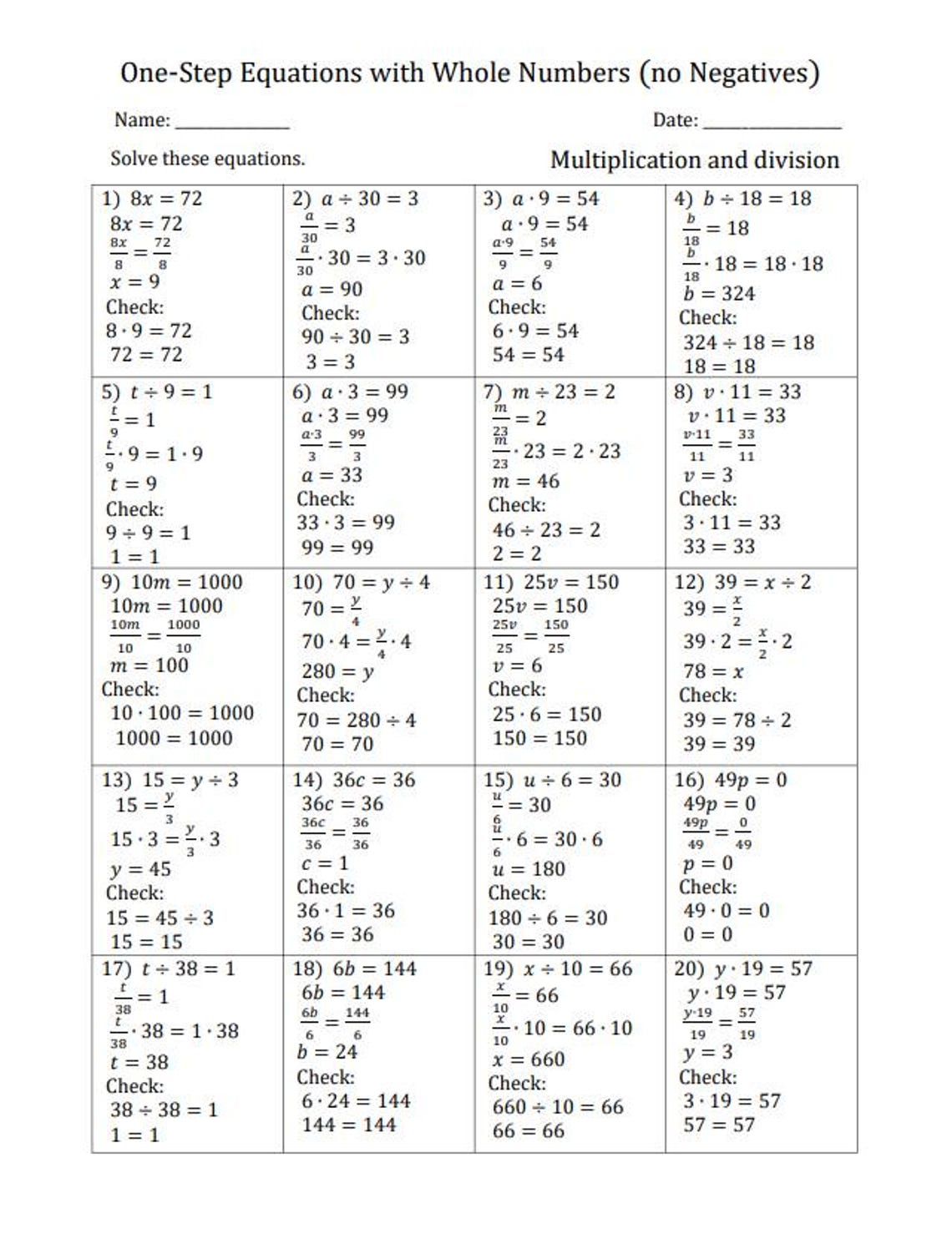 One-step Equations Worksheets: Algebra Basics, All Operations (PDF) - Etsy