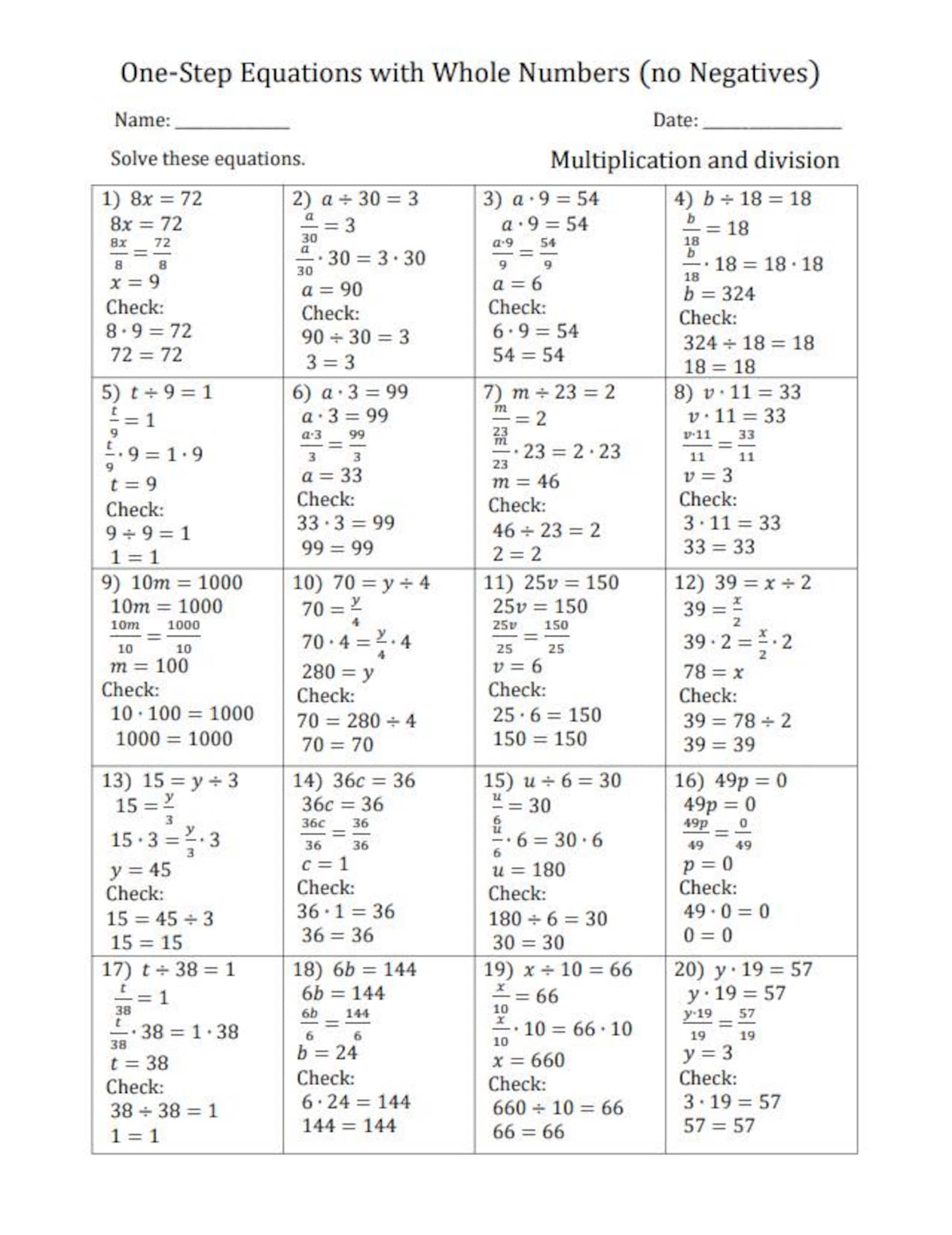 Worksheets of One-step Equations With Whole Numbers (no Negatives)-all ...