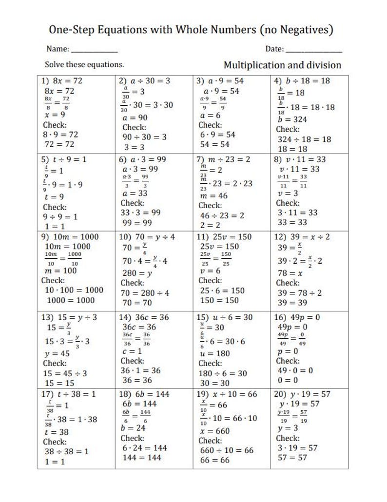 One-step Equations Worksheets: Algebra Basics, All Operations (PDF) - Etsy