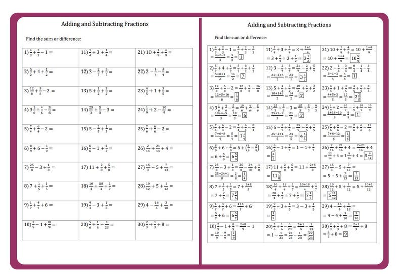 Fractions: Addition & Subtraction Worksheets With Solutions (printable ...
