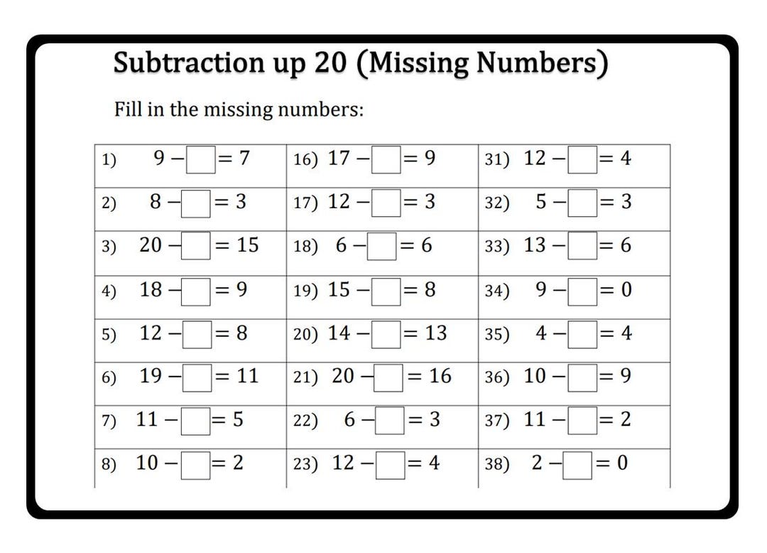 Subtracting Numbers up to 20 - Fill in the Missing Numbers - 12 ...