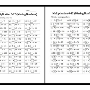 Multiplication Worksheets: Missing Numbers 0-12 (PDF) - Etsy