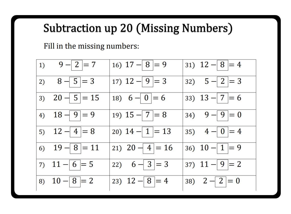 Subtraction Worksheets: Missing Numbers up to 20 (printable PDF) - Etsy