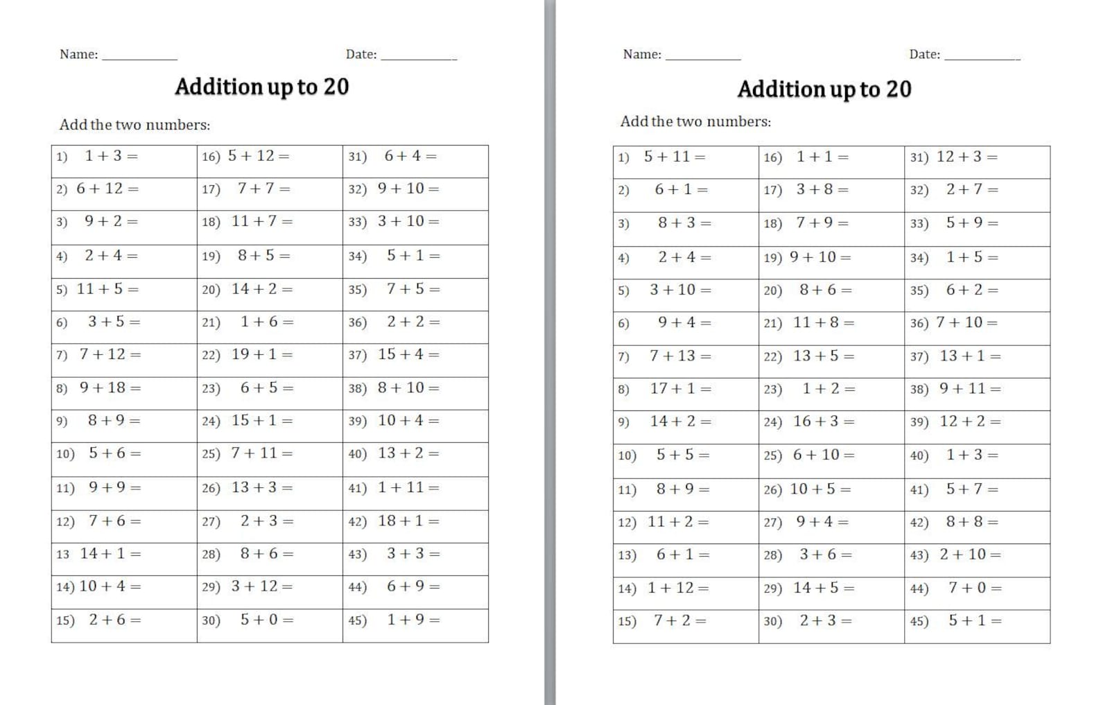 Addition Worksheets: Numbers Within 20 - Grade 1 & Kindergarten (PDF ...