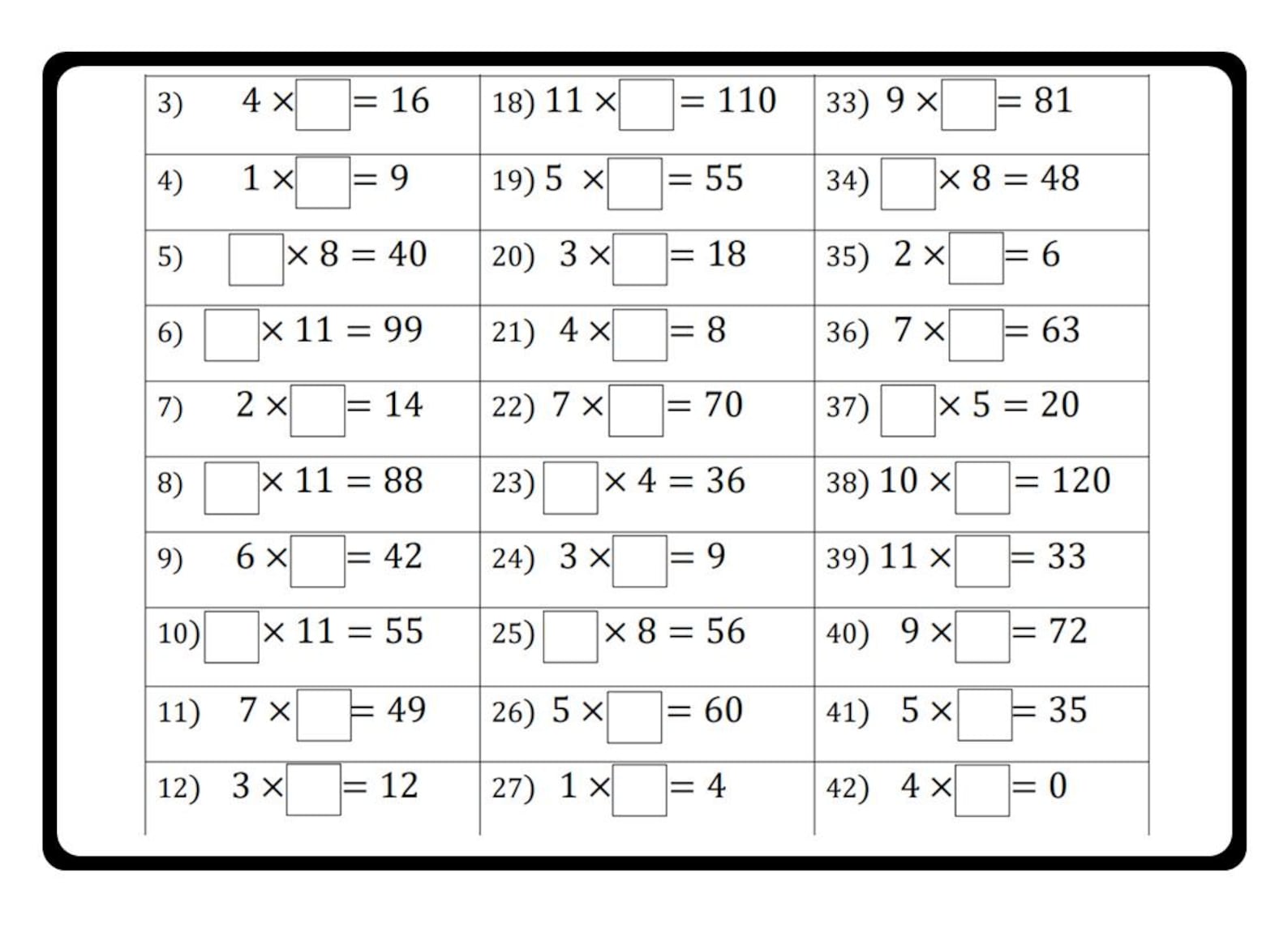 Multiplication Worksheets: Missing Numbers 0-12 (PDF) - Etsy
