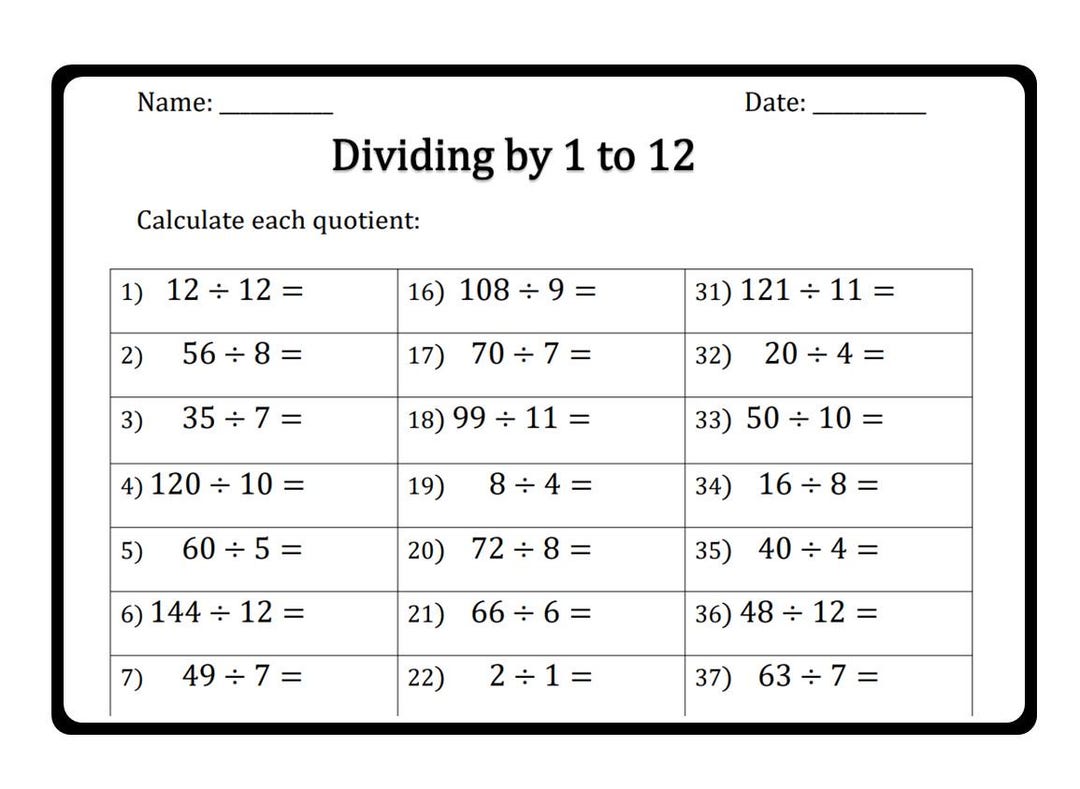 Dividing Numbers by 1-12 Worksheets - Etsy