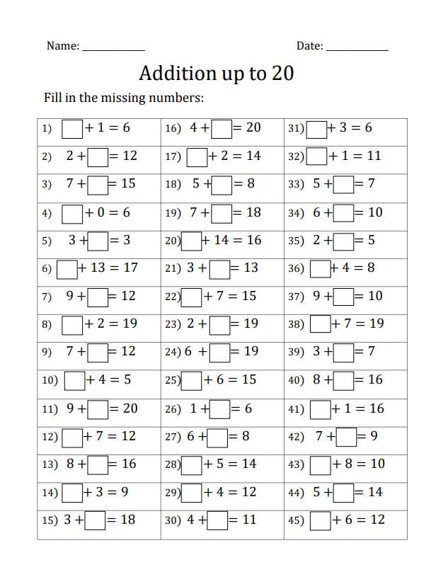 Adding Numbers Within 20 –fill in the Missing Numbers- 12 Worksheets ...