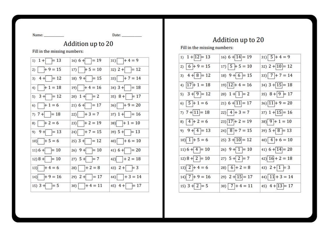Adding Numbers Within 20 –fill in the Missing Numbers- 12 Worksheets ...
