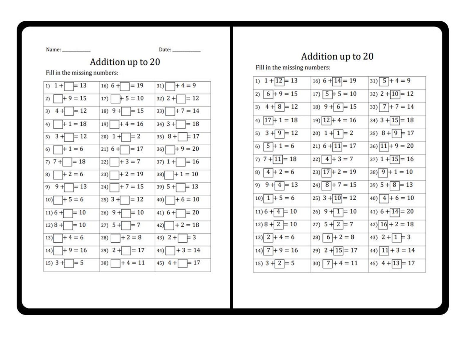 Adding Numbers Within 20 –fill in the Missing Numbers- 12 Worksheets ...